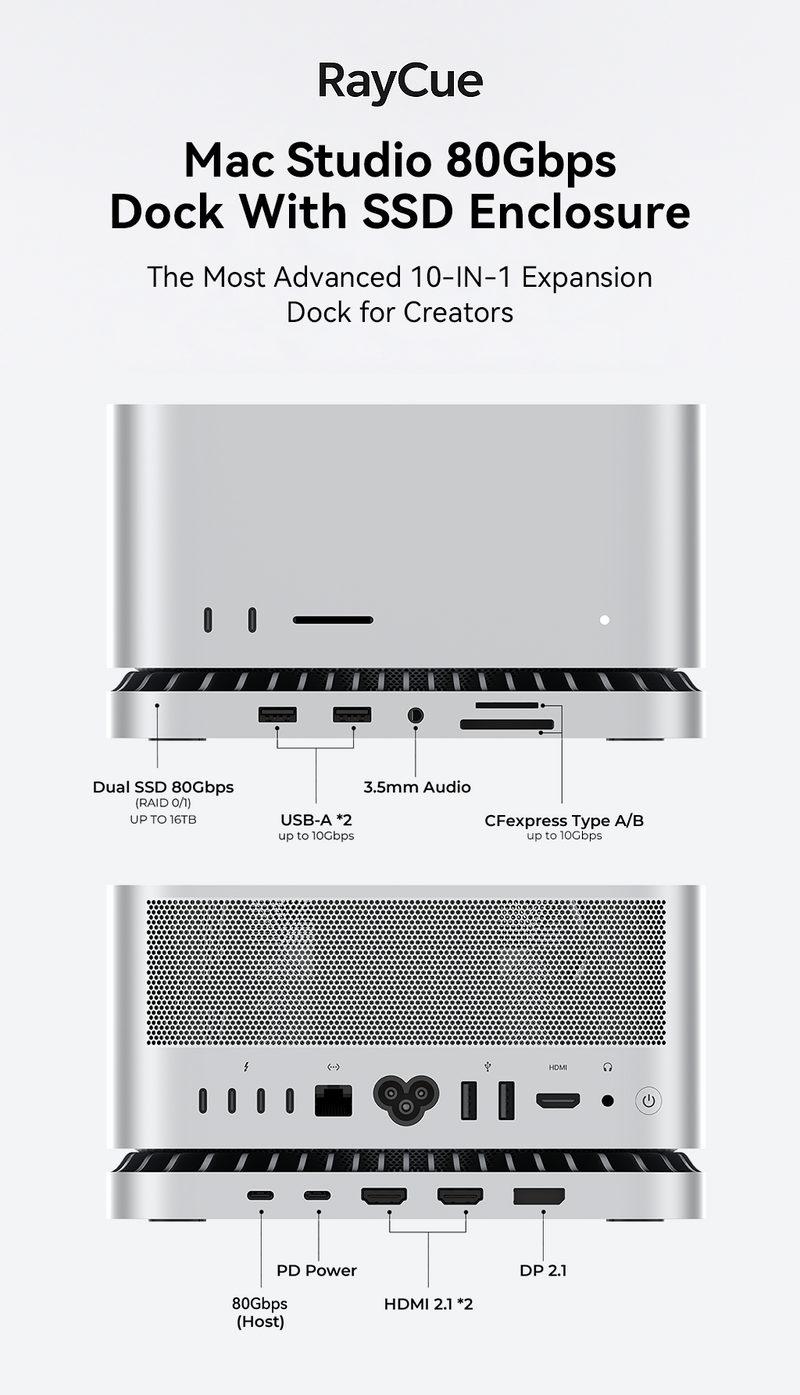 RayCue 10-in-1 80Gbps Dock For Mac Studio (M4 Max or M3 Ultra) Pre-Ord