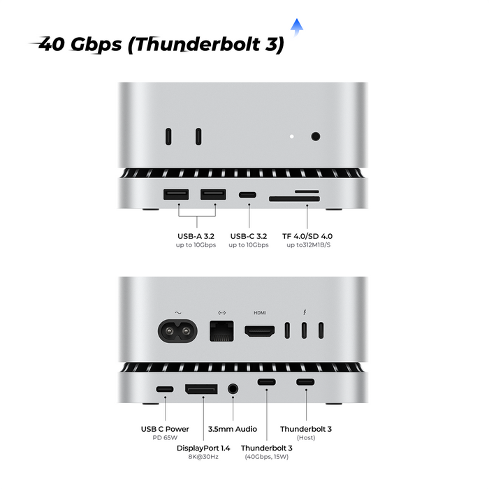 RayCue New M4/2024 Mac Mini Hub & Stand with NVMe/ M.2 SATA SSD Enclos