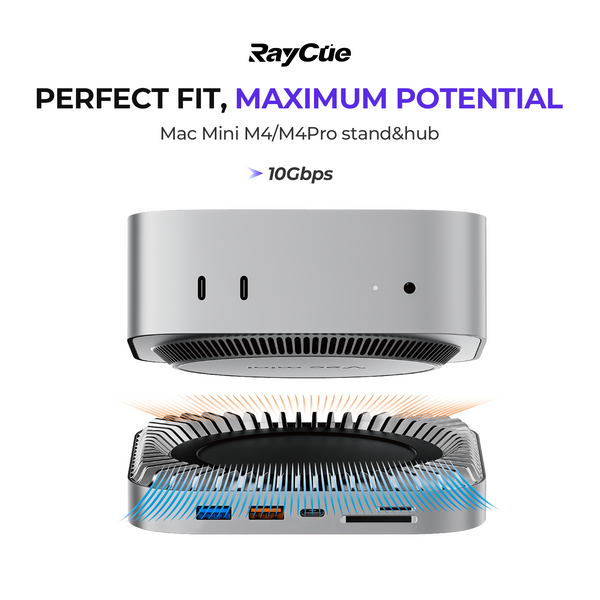 RayCue New M4/2024 Mac Mini Hub & Stand with NVMe/ M.2 SATA SSD Enclos