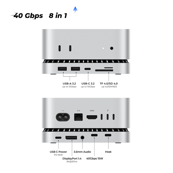 RayCue New M4/2024 Mac Mini Hub & Stand with NVMe/ M.2 SATA SSD Enclos