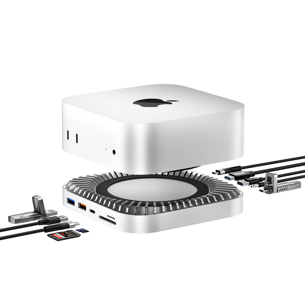 RayCue New M4/2024 Mac Mini Hub & Stand with NVMe/ M.2 SATA SSD Enclos
