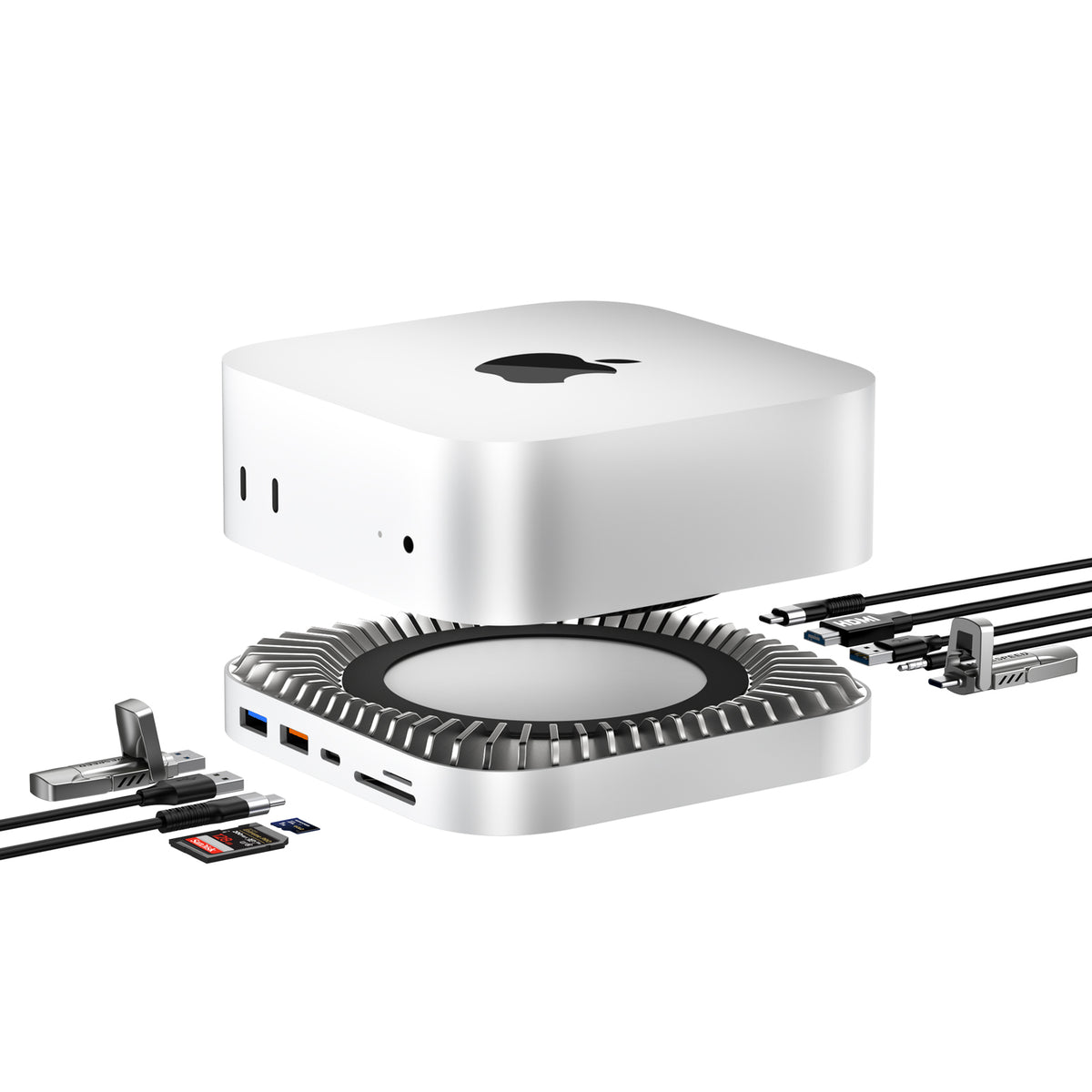 RayCue New M4/2024 Mac Mini Hub & Stand with NVMe/ M.2 SATA SSD Enclos